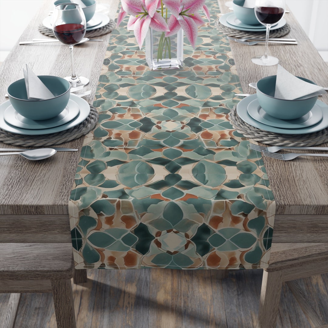 Arabesque Moroccan Style Runner, Tile Moss Mint Ecru Leaf Design Table ...