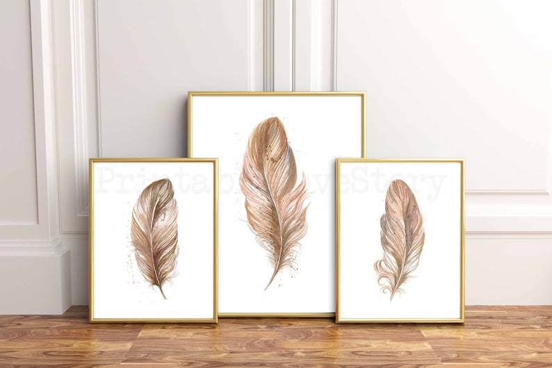 Feather Print Set,feather Wall Art,set of 3 Prints,living Room Wall ...
