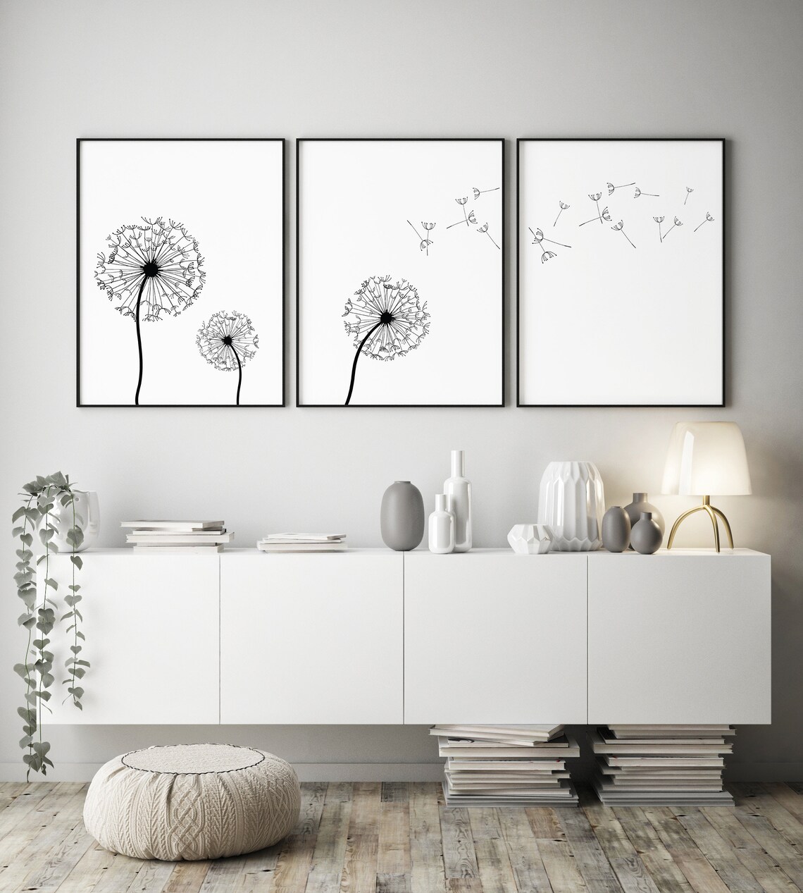 Dandelion Print Set of 3, Black & White Minimalist Decor (digital ...