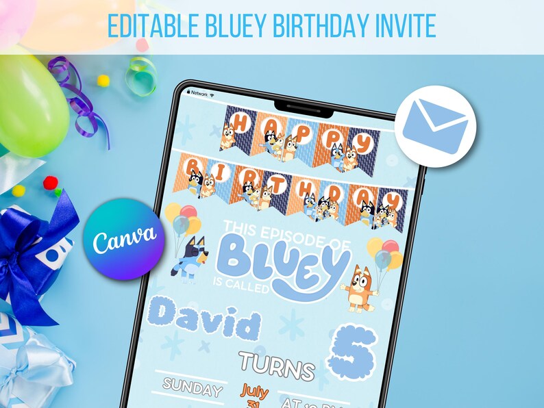 Bluey Birthday Invitation Canva Template: Blue Heeler Party (digital ...