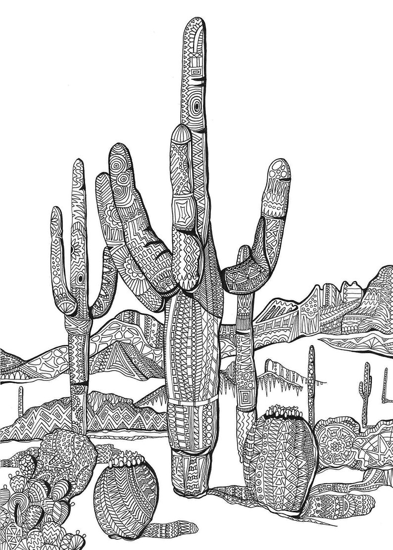 Desert Complexities 8x10 Print, Desert Art, Saguaro, Intricate Design ...
