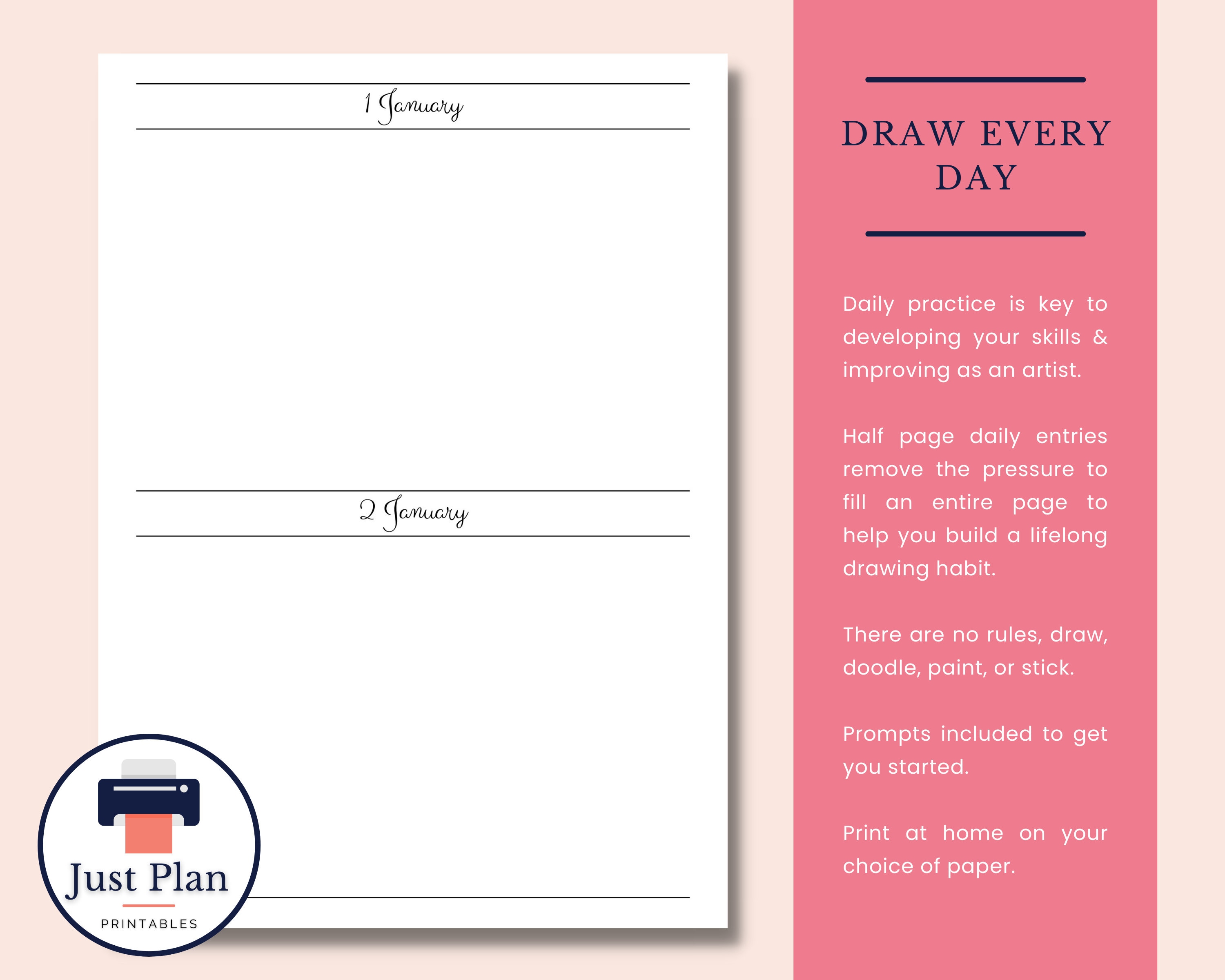 Printable PDF One Sketch A Day 12 Month Art Journal | 183 Pages Book to ...