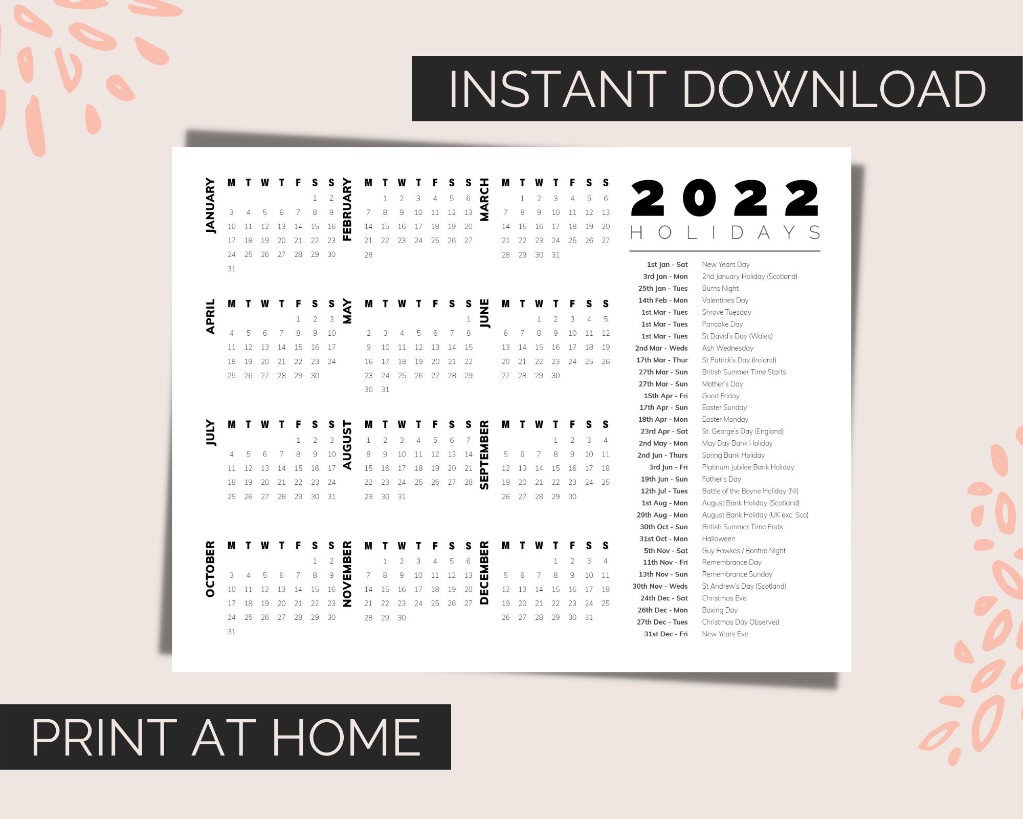 2022 Calendar Printable With Holidays UK and US Simple Blank Minimalist ...