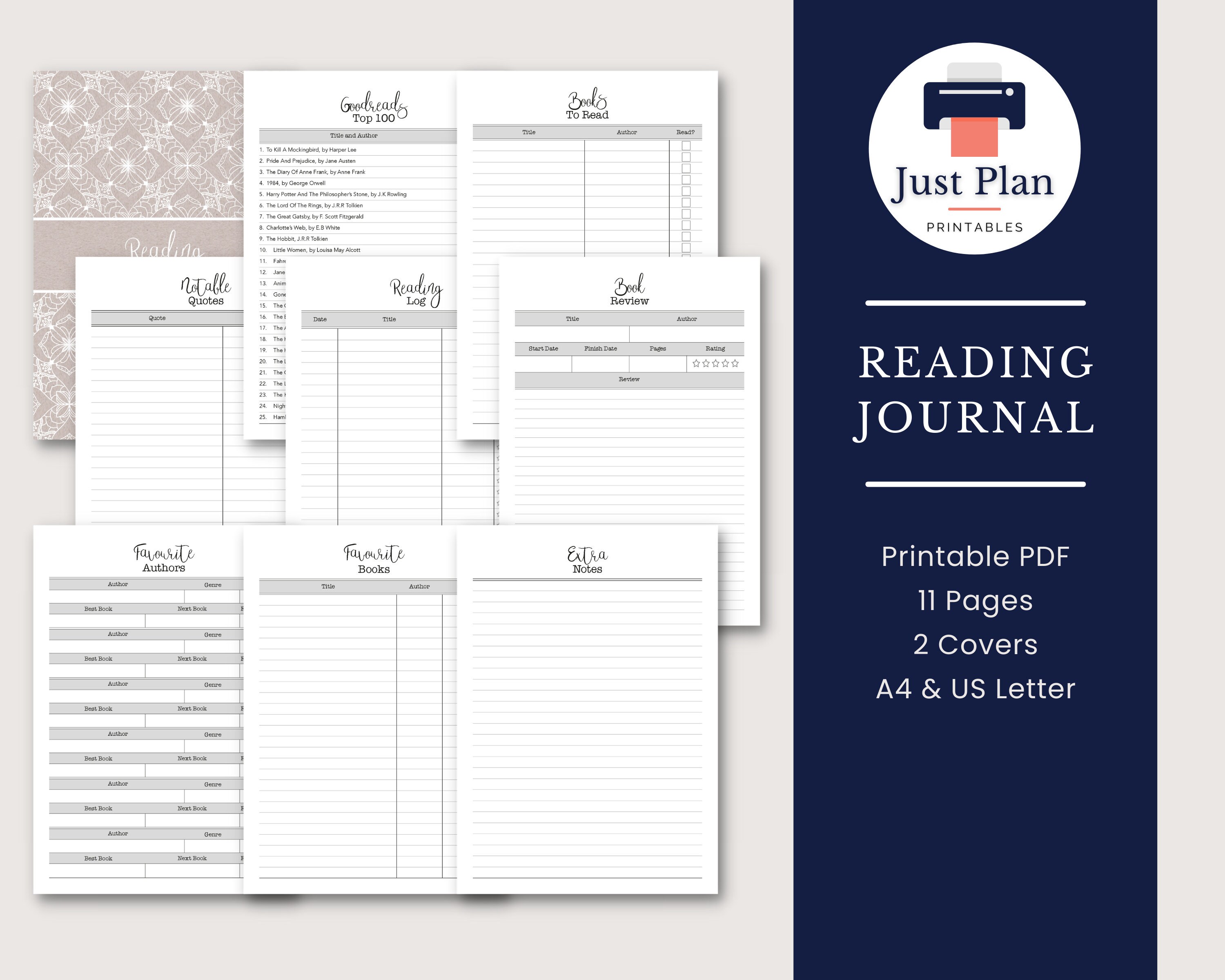 Printable PDF Reading Log Journal Planner Plan Track & - Etsy