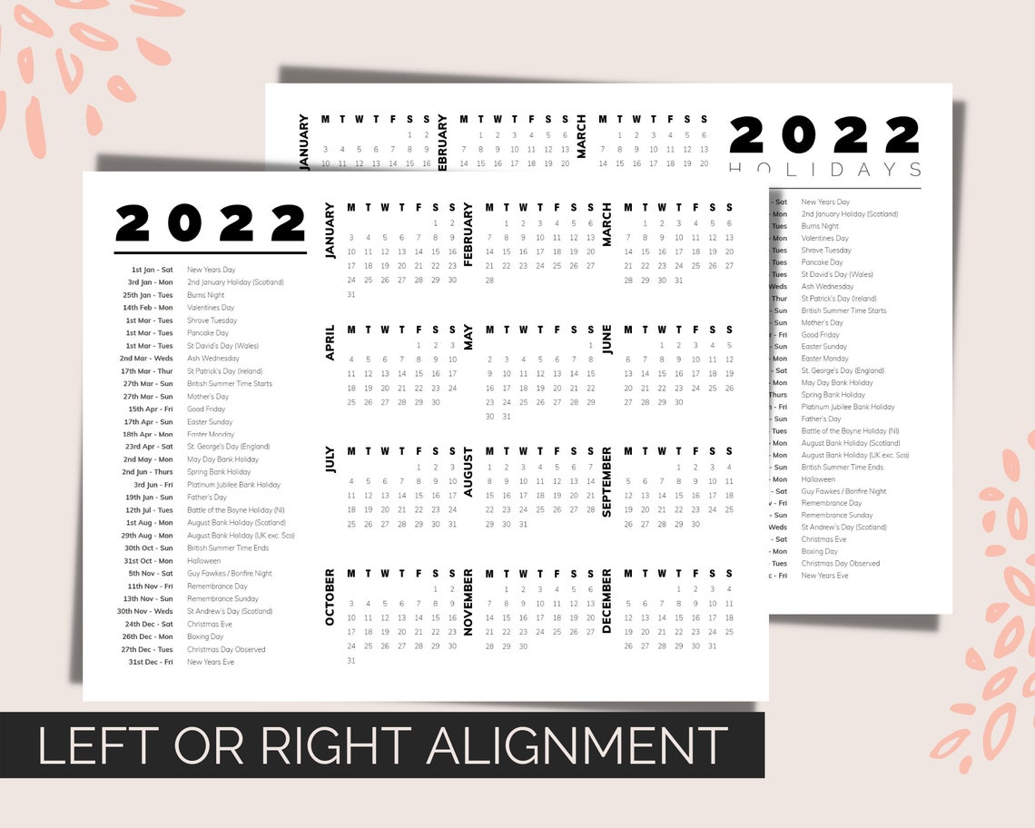 2022 Calendar Printable With Holidays UK and US Simple Blank Minimalist ...