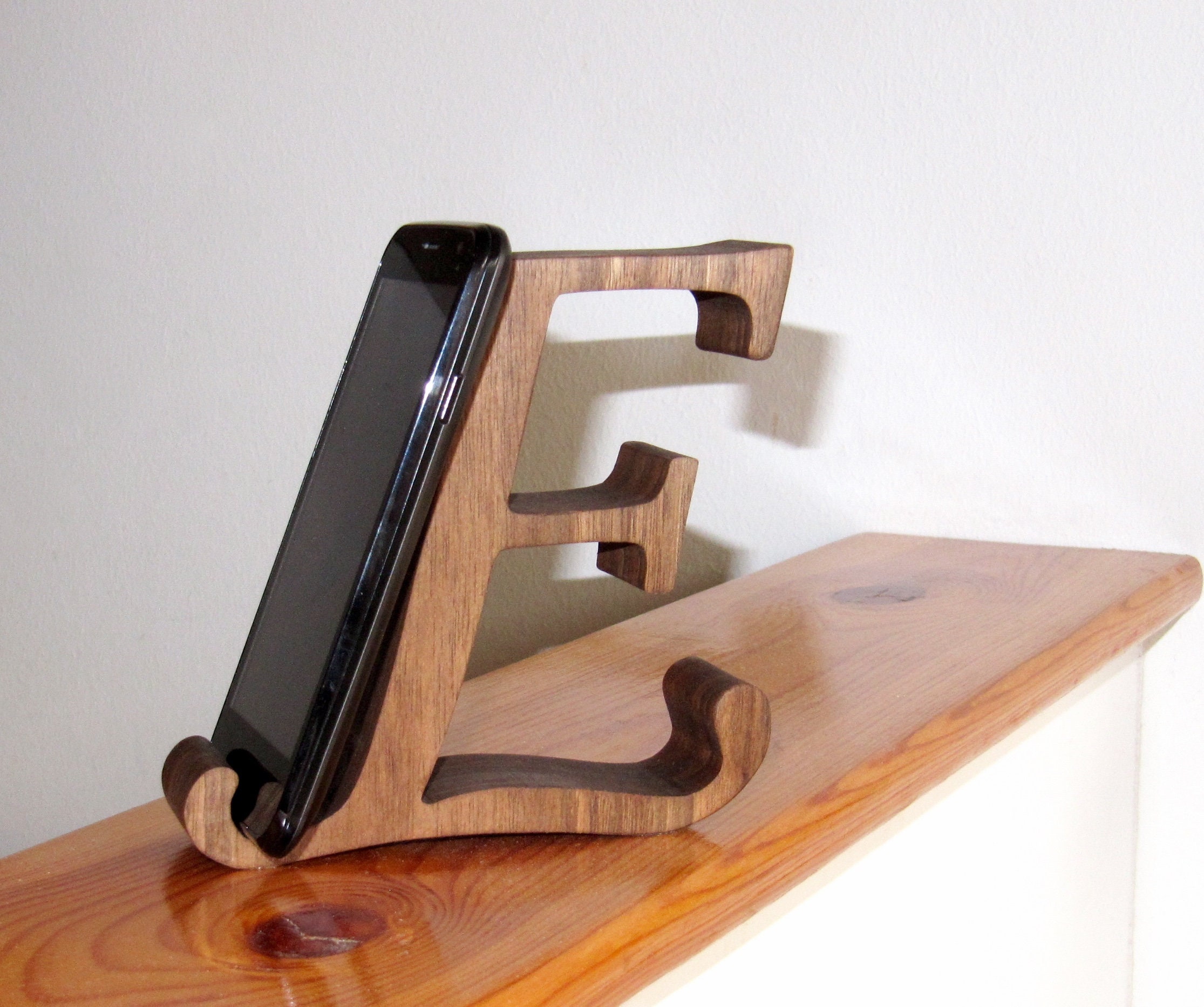 E Letter Walnut Wooden Mobile Stand/ Wooden Mobile Holder for Desk - Etsy