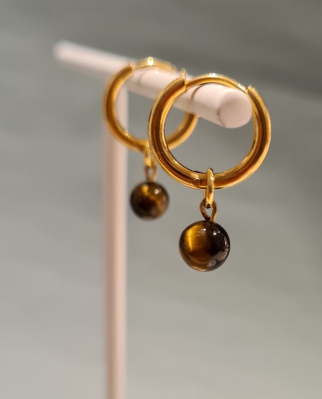 Hoops Dot Tiger Eye - Gold - Stainless Steel Earrings With Little ...
