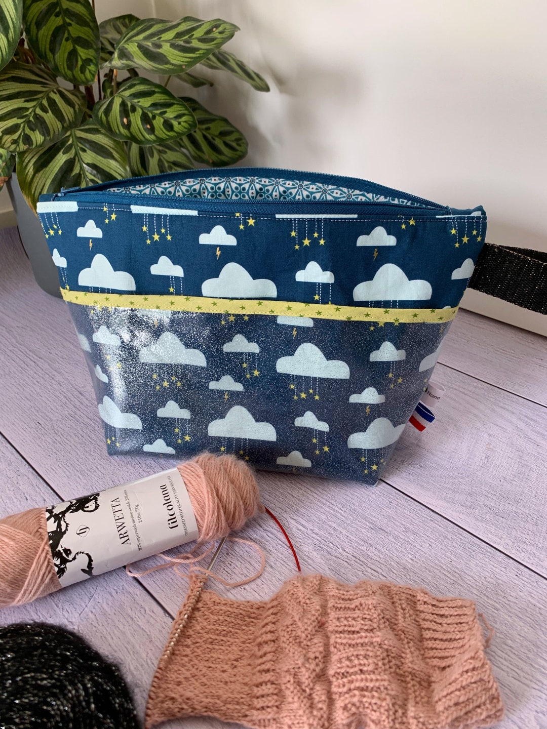 Kit Knitting Project Bag Fleece Work Bag Blue and Yellow - Etsy