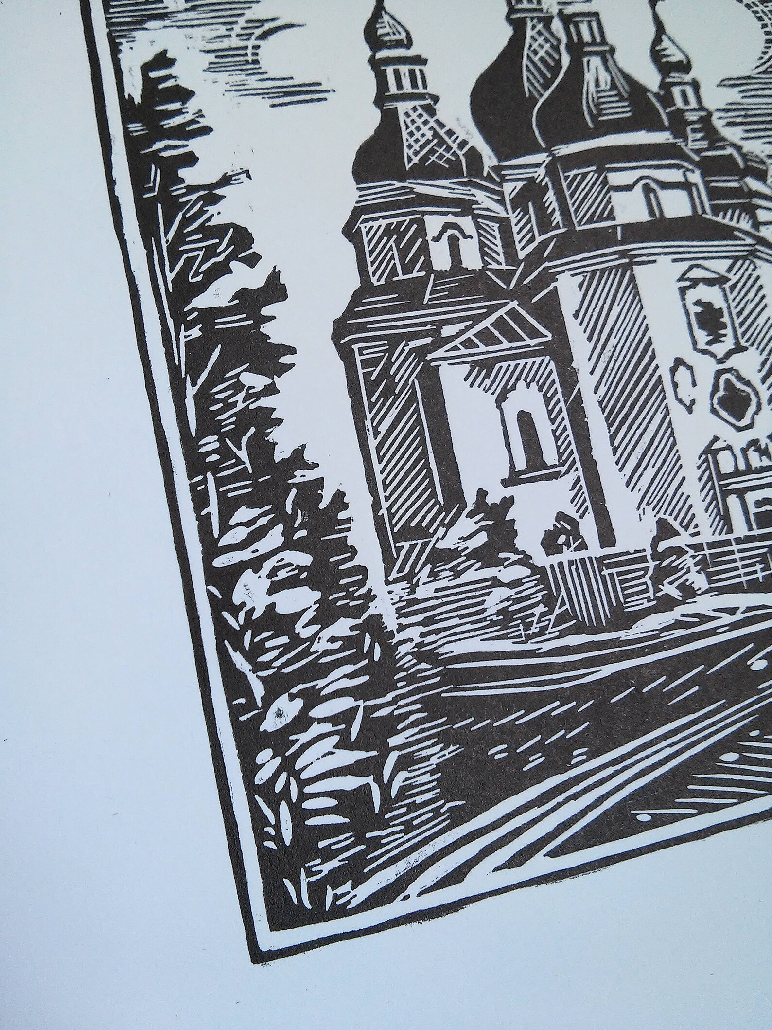 Linocut Print Landscape With Church Black on Green, White Brown Print ...
