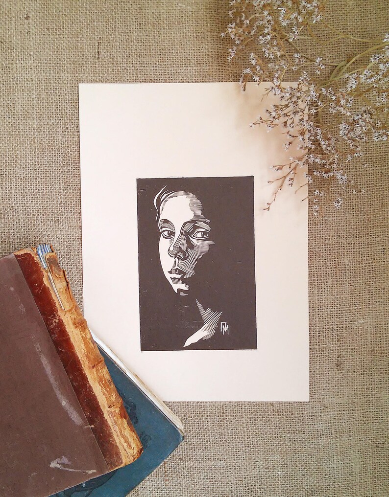 Linocut Print Girl Portrait Print Wall Art OOAK - Etsy