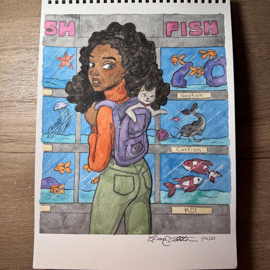 Catfish - Original Watercolor Painting on Paper 9x12", Cat and Fish Pet ...