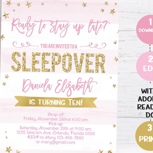 Editable Slumber Party Sleepover Invitation Pajama Party Etsy
