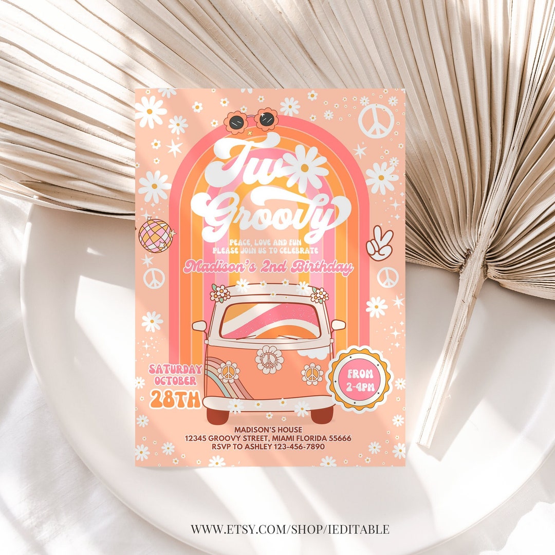 Editable TWO Groovy Birthday Invitation EDITABLE Girl Daisy Rainbow ...