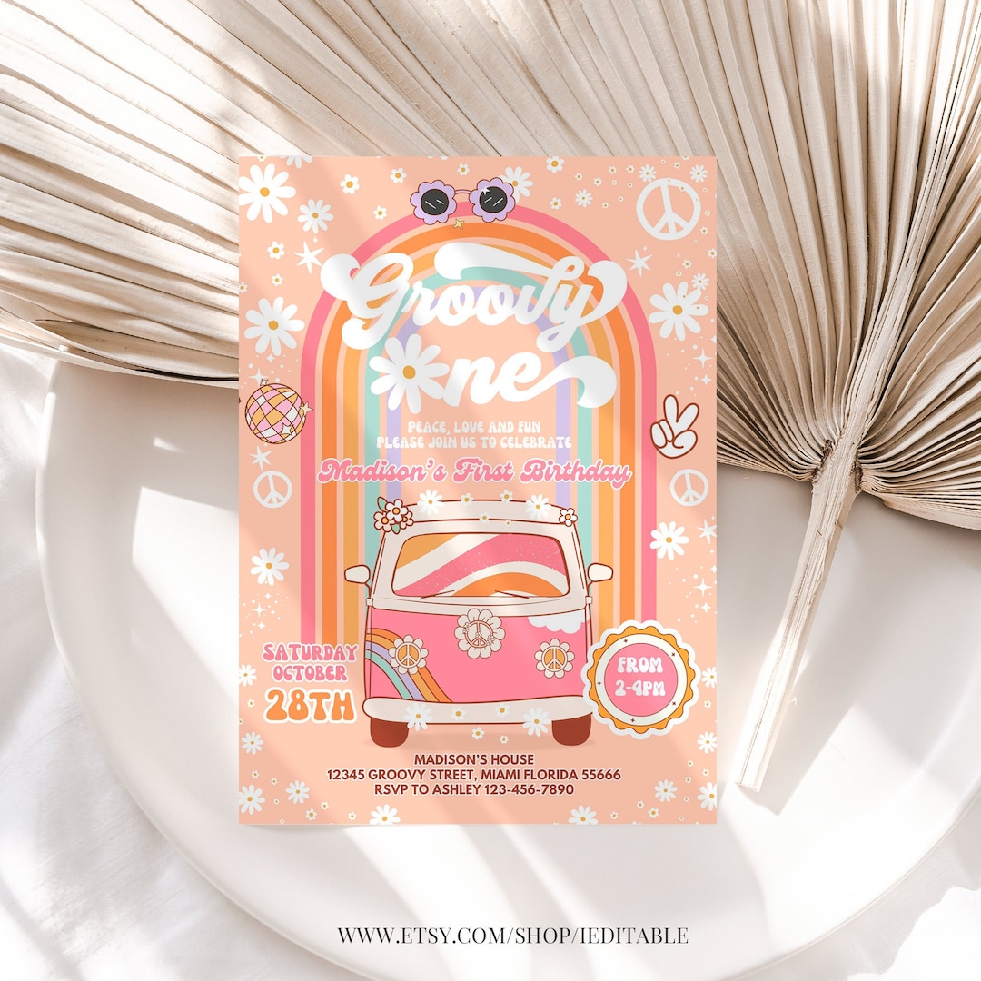 Editable Groovy One Birthday Invitation EDITABLE Daisy Rainbow Groovy ...