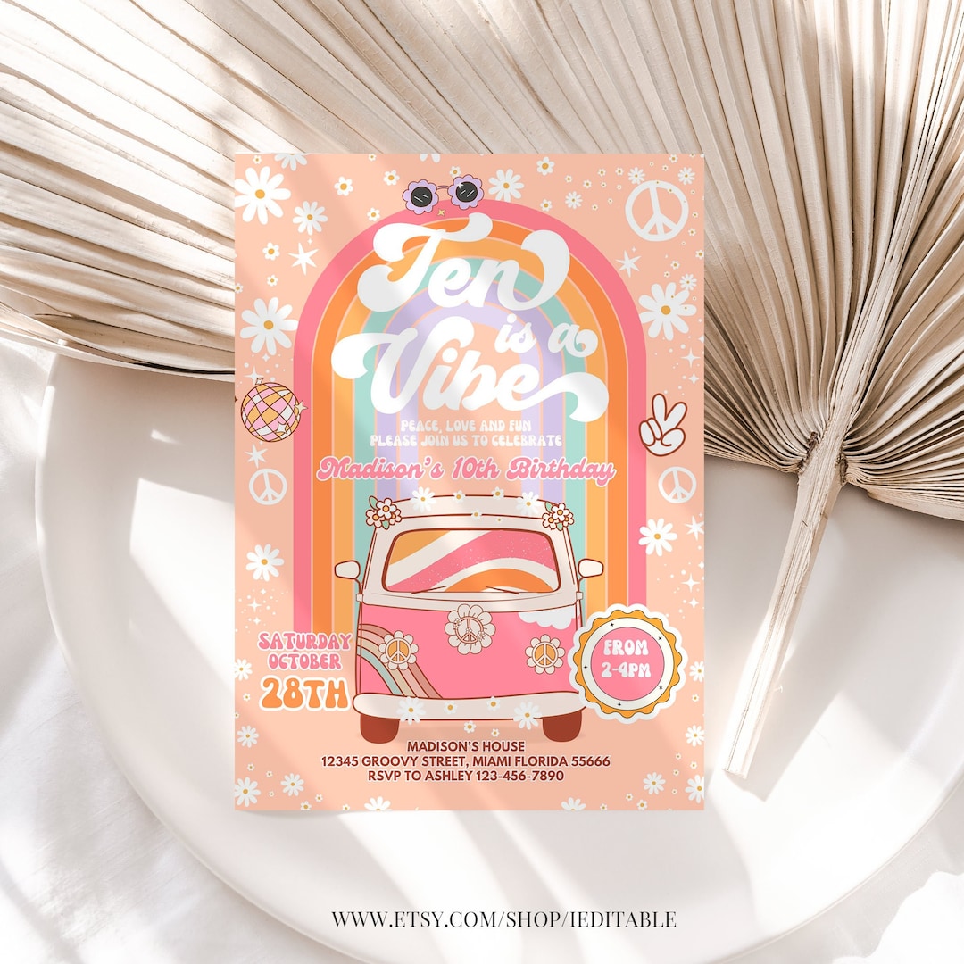 Editable Groovy 10th Birthday Invitation EDITABLE TEN is a Vibe Daisy ...
