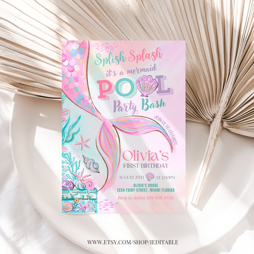 Mermaid Pool Party Invitation Editable Mermaid Birthday Invite Under ...