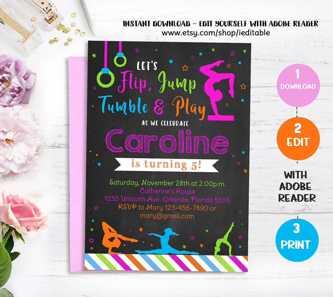 Gymnastic Birthday Invitation Gymnastics Chalkboard Invite Etsy