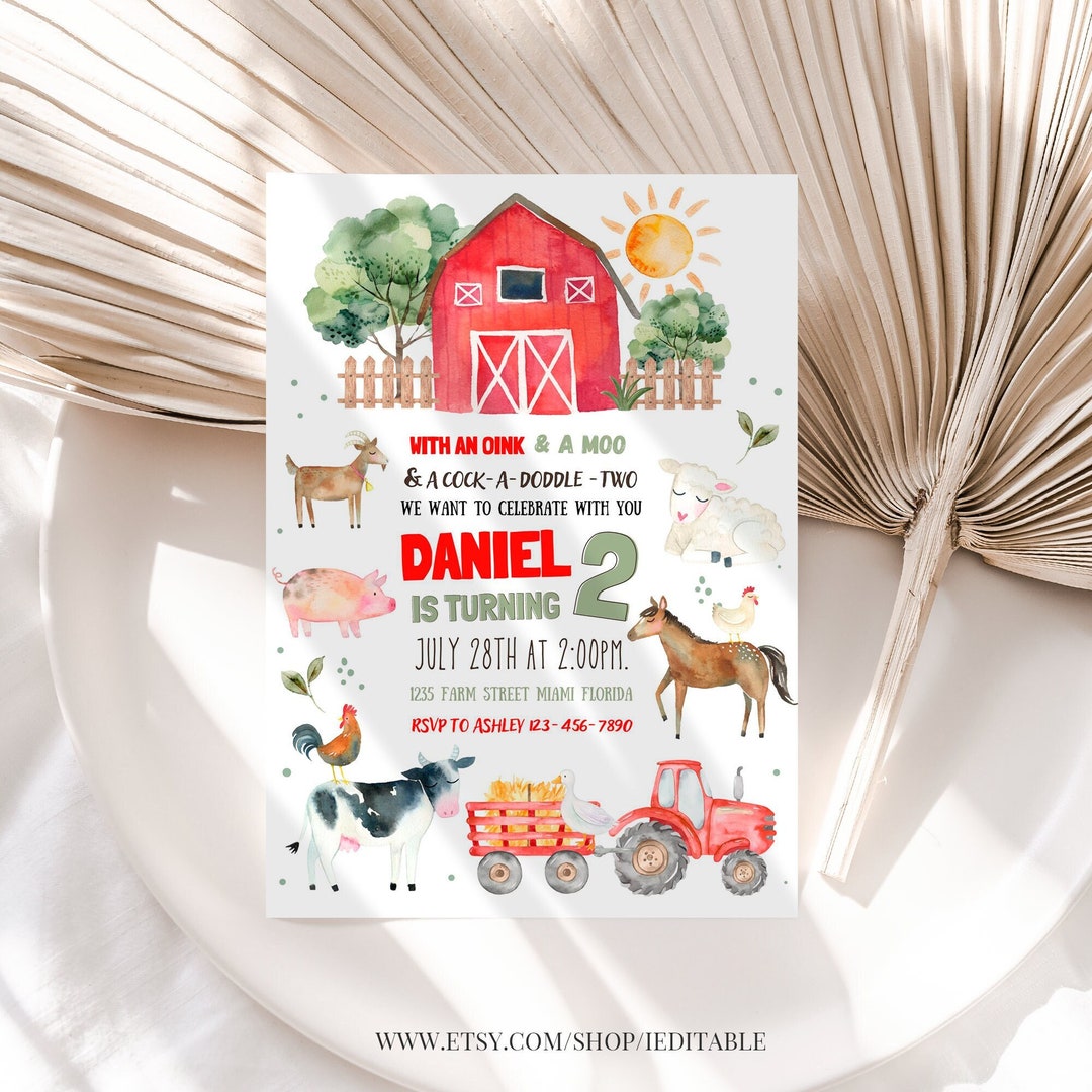 Farm Birthday Invitation Editable Boy Farm Animals Barnyard Invite ...