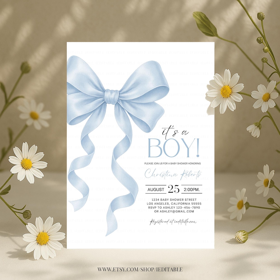 Blue Bow Baby Shower Invitation Editable Baby Boy Shower Blue Ribbon ...