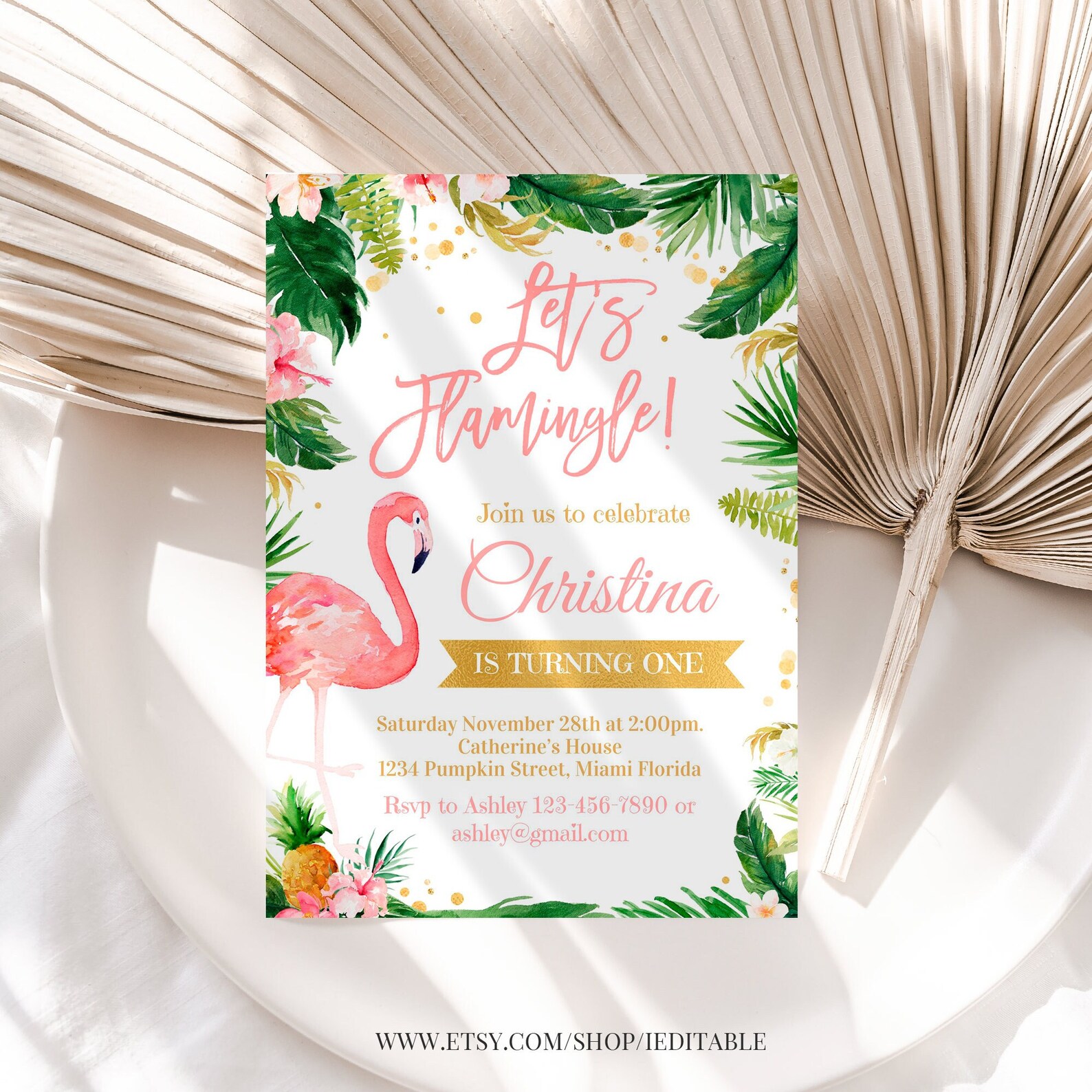 Flamingo Invitation Editable Tropical Birthday Invite Pineapple ...