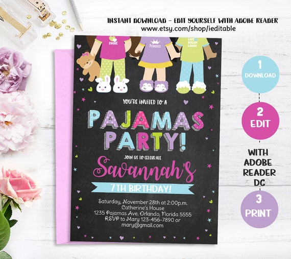 Pajama Party Birthday Invitation Chalkboard Pjs Invitation Slumber