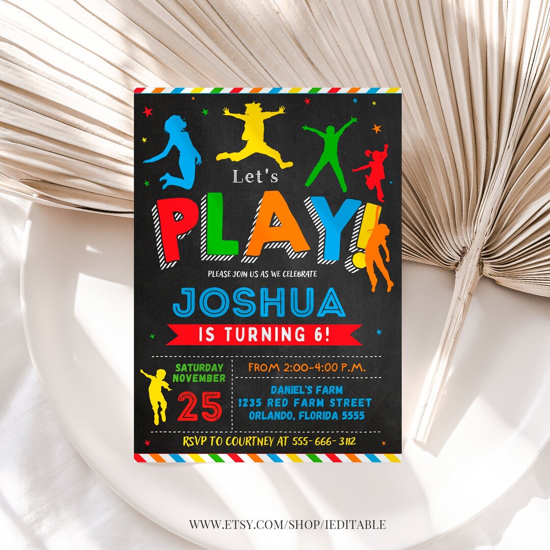 Play Invitation Editable Jump Birthday Bounce House Invite Trampoline ...