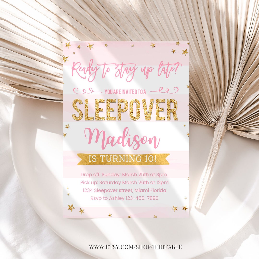 Sleepover Invitation Editable Slumber Party Invite Girl Pink Birthday ...