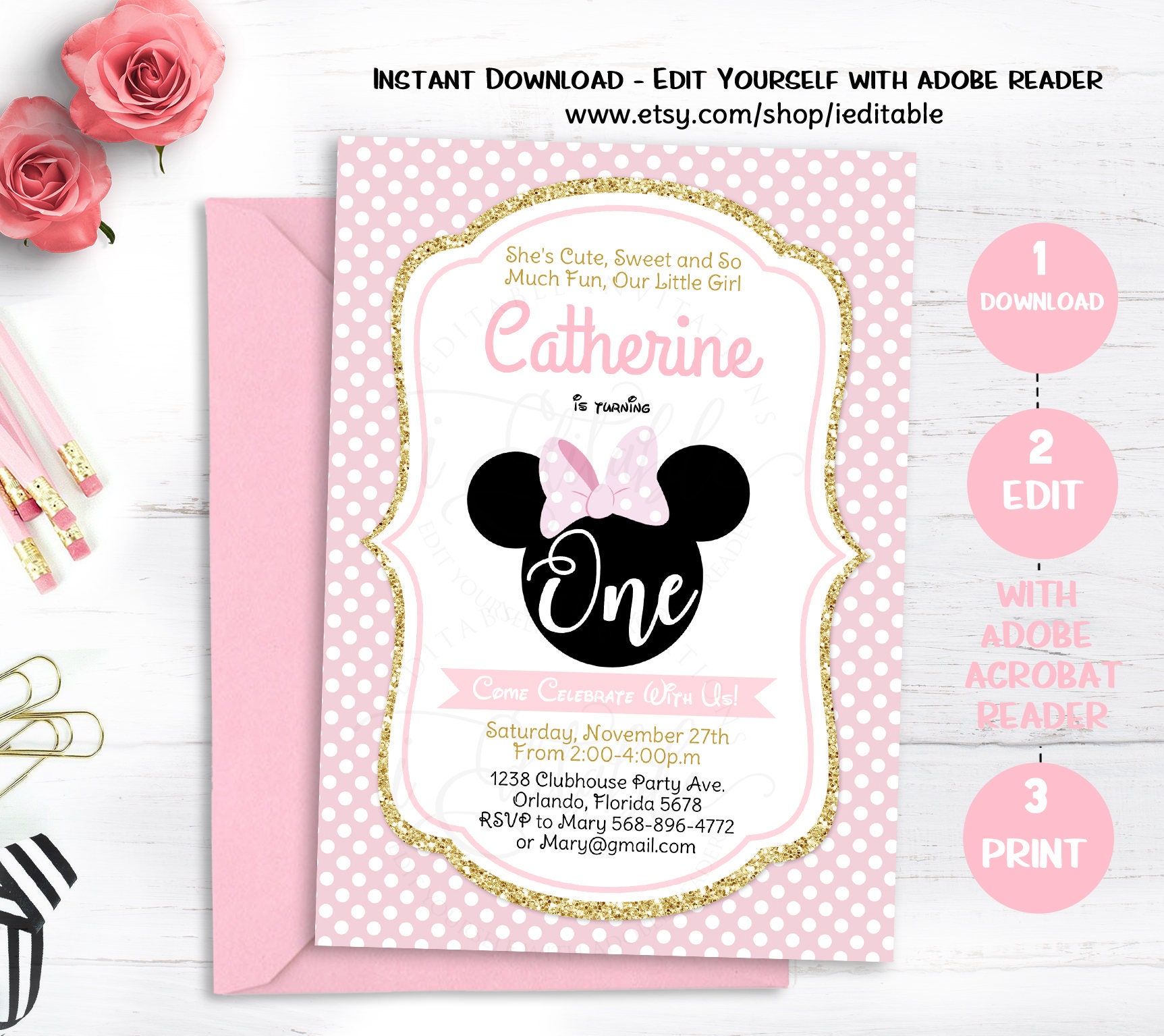 Paper Minnie Mouse First Birthday Invitation Girl Photo Picture Pink ...