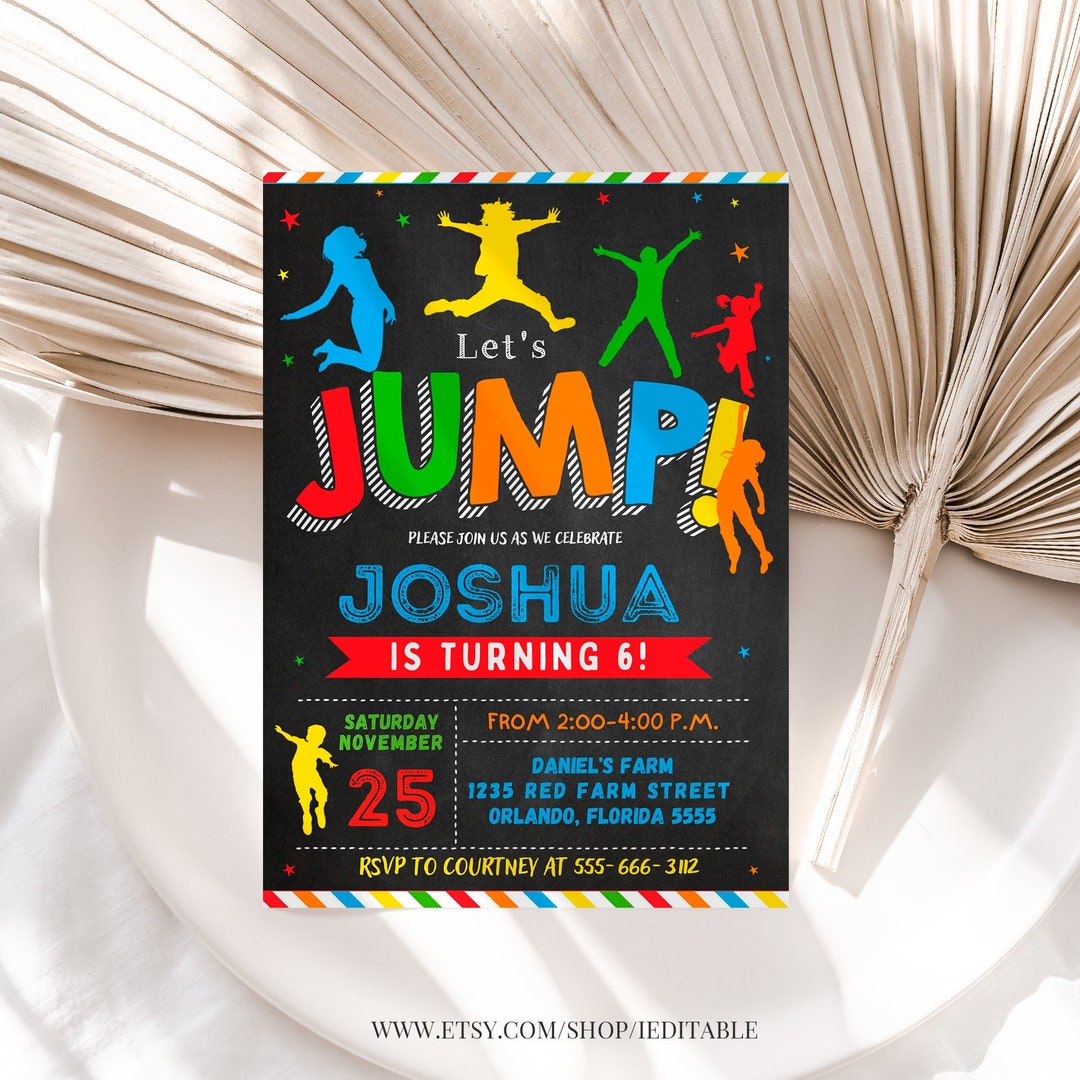 Jump Invitation Editable Bounce House Invite Trampoline Birthday Pump ...