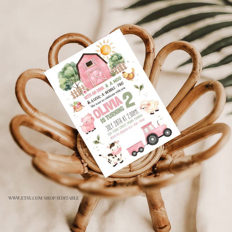 Girl Farm Birthday Invitation Editable Farm Animals Barnyard Invite 2nd ...