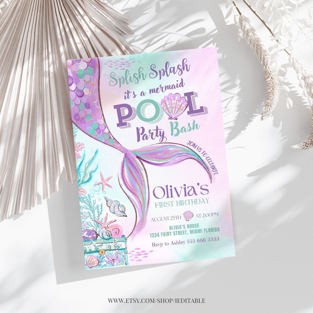 Mermaid Pool Party Invitation Editable Mermaid Birthday Invite Under ...