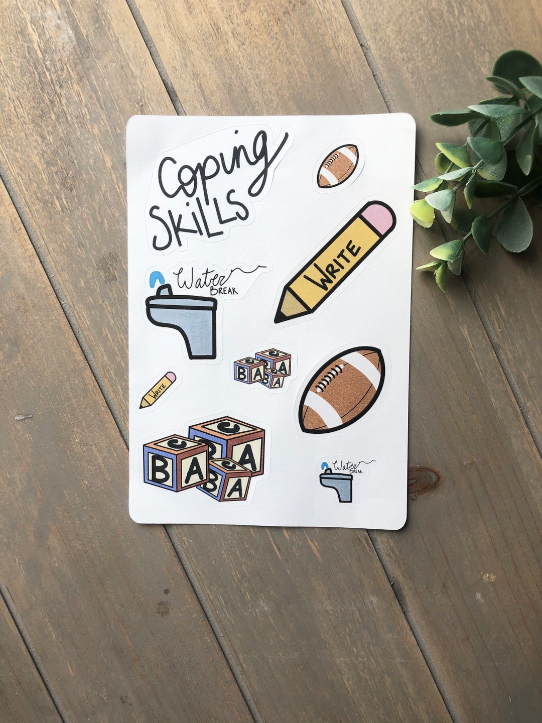 Coping Skills Sticker Sheet- Water Break, Building, Playing, Football ...