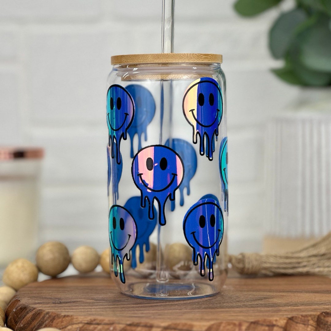 Melted Smiley Face Iced Coffee Glass Cup, Soda Can Glasses 16oz Glass ...
