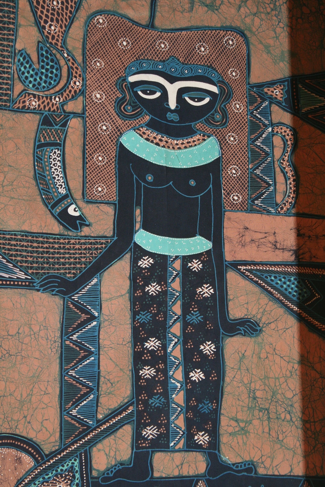 Indonesian Maiden With Fish. Batik Painting on Cotton. Beautiful. Pre ...