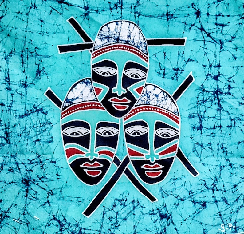 Indonesian Batik Panel 3 Masks 10" X10" Aqua Bali Art Vintage - Etsy