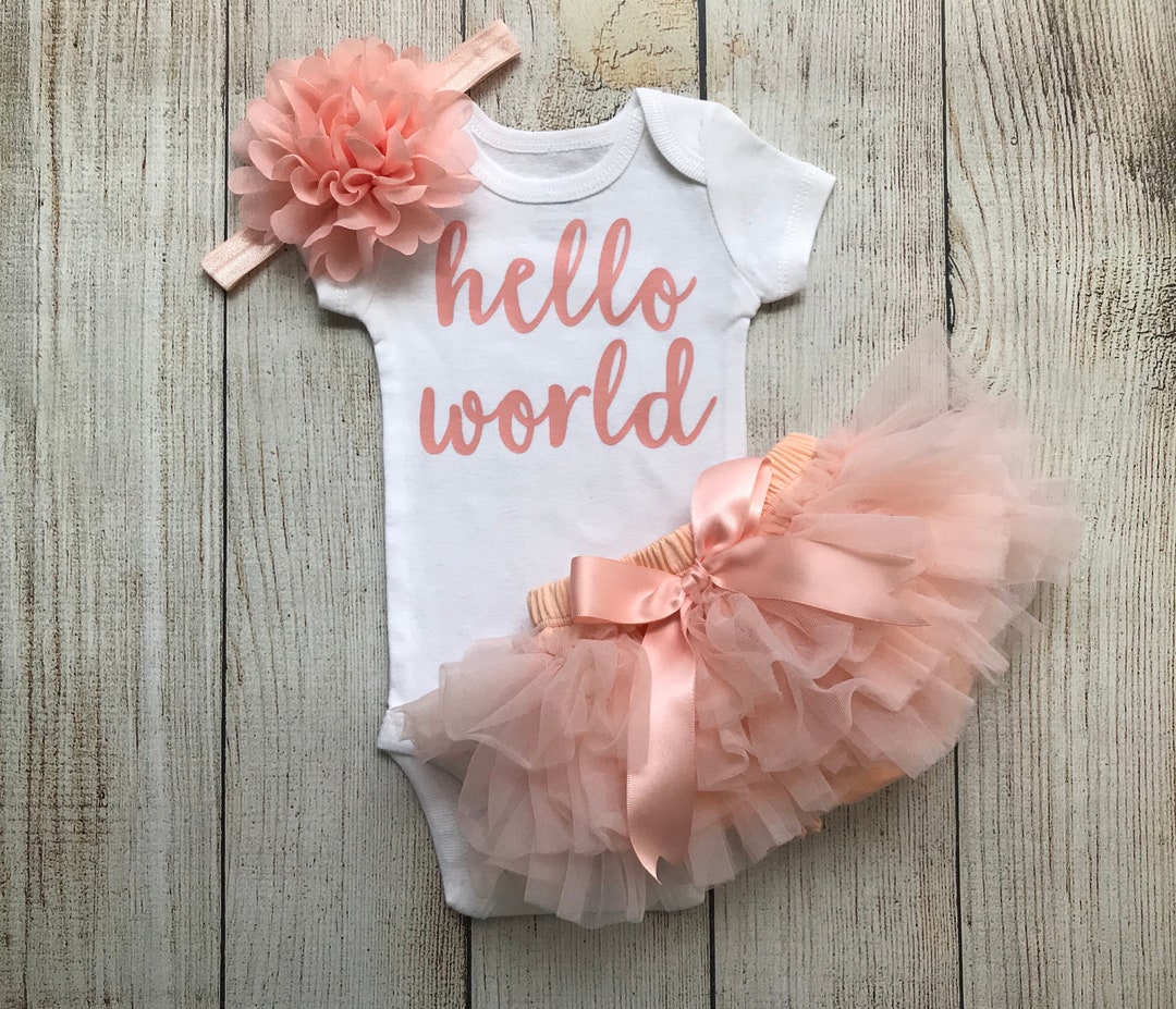 Baby Girl Coming Home Outfit - Hello World Outfit in Peach - Hello ...
