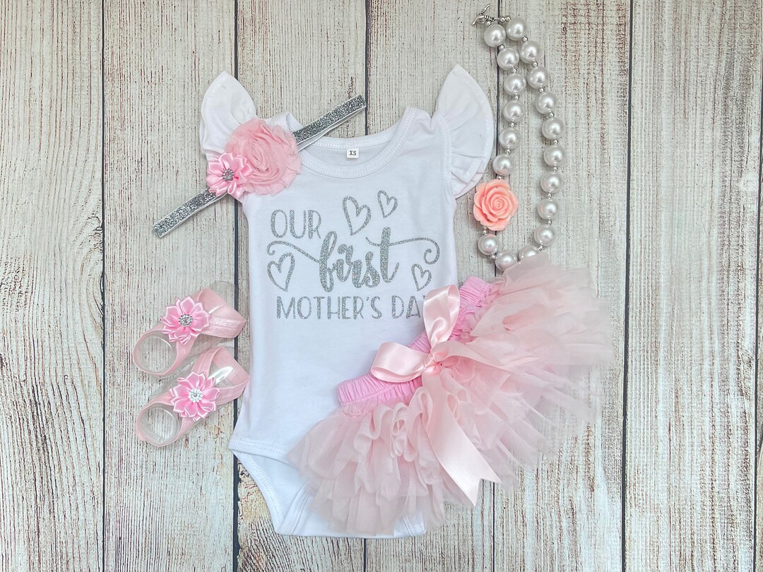 Baby Girl First Mother's Day Outfit: Silver Glitter Bodysuit, Pink Tutu ...