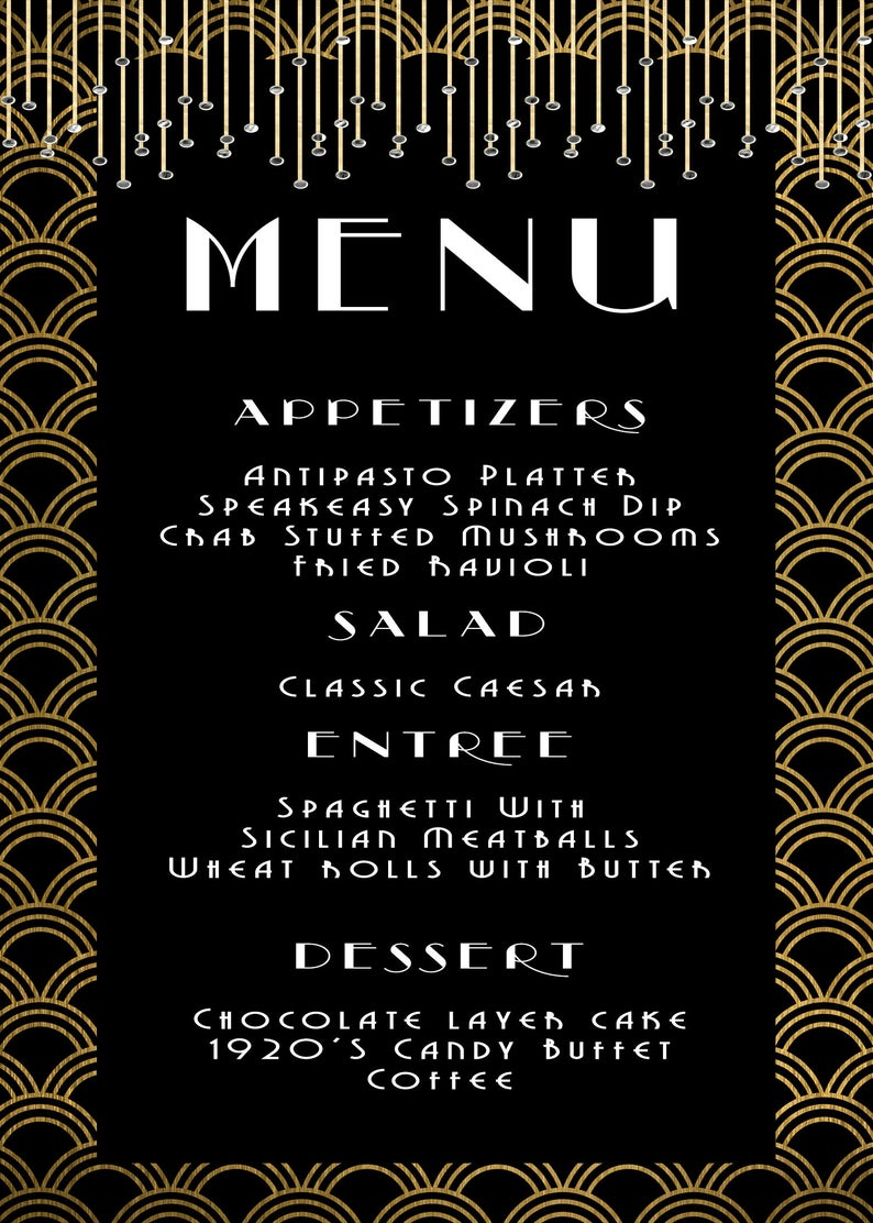 Printable Custom Menu Card / Wedding Menu / Great Gatsby Inspired Menu ...