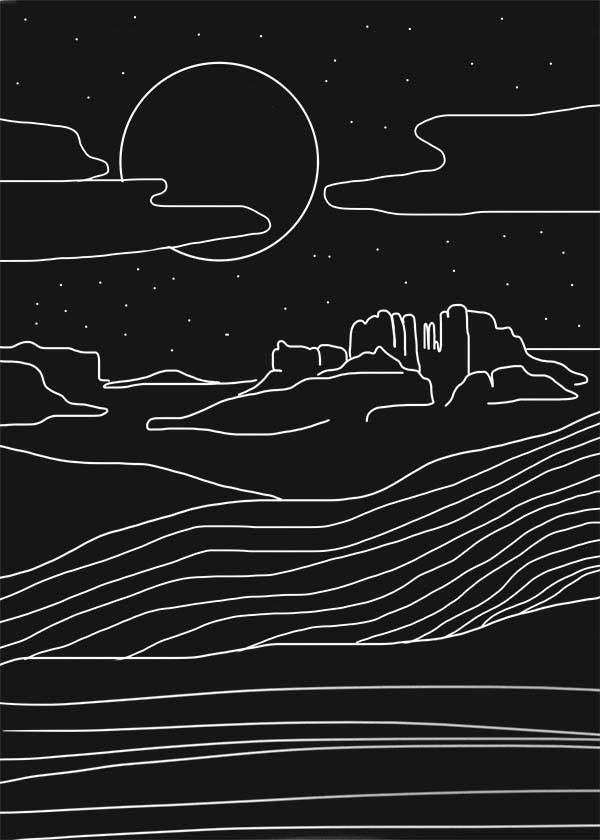 Sedona at Night - Black & White Sketch, Line Art, AZ, Arizona, Cliffs ...