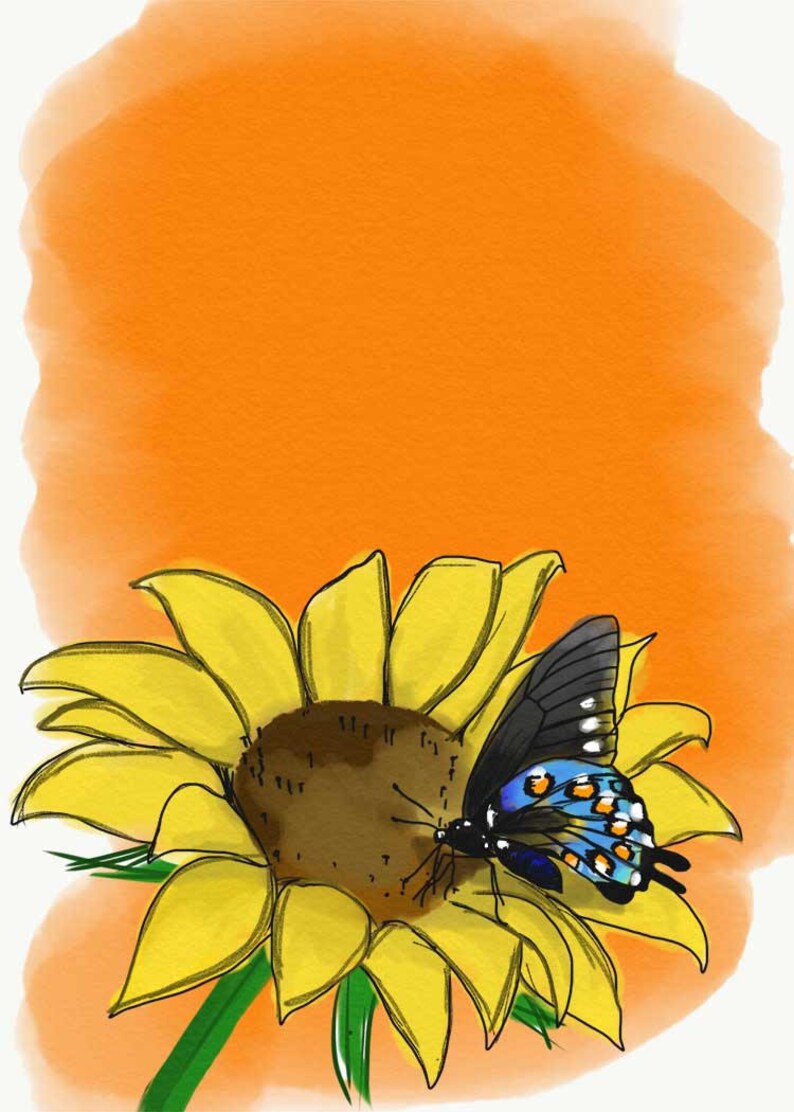 Butterfly on a Sunflower Illustration Nature Blue - Etsy