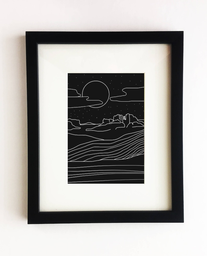 Sedona at Night - Black & White Sketch, Line Art, AZ, Arizona, Cliffs ...