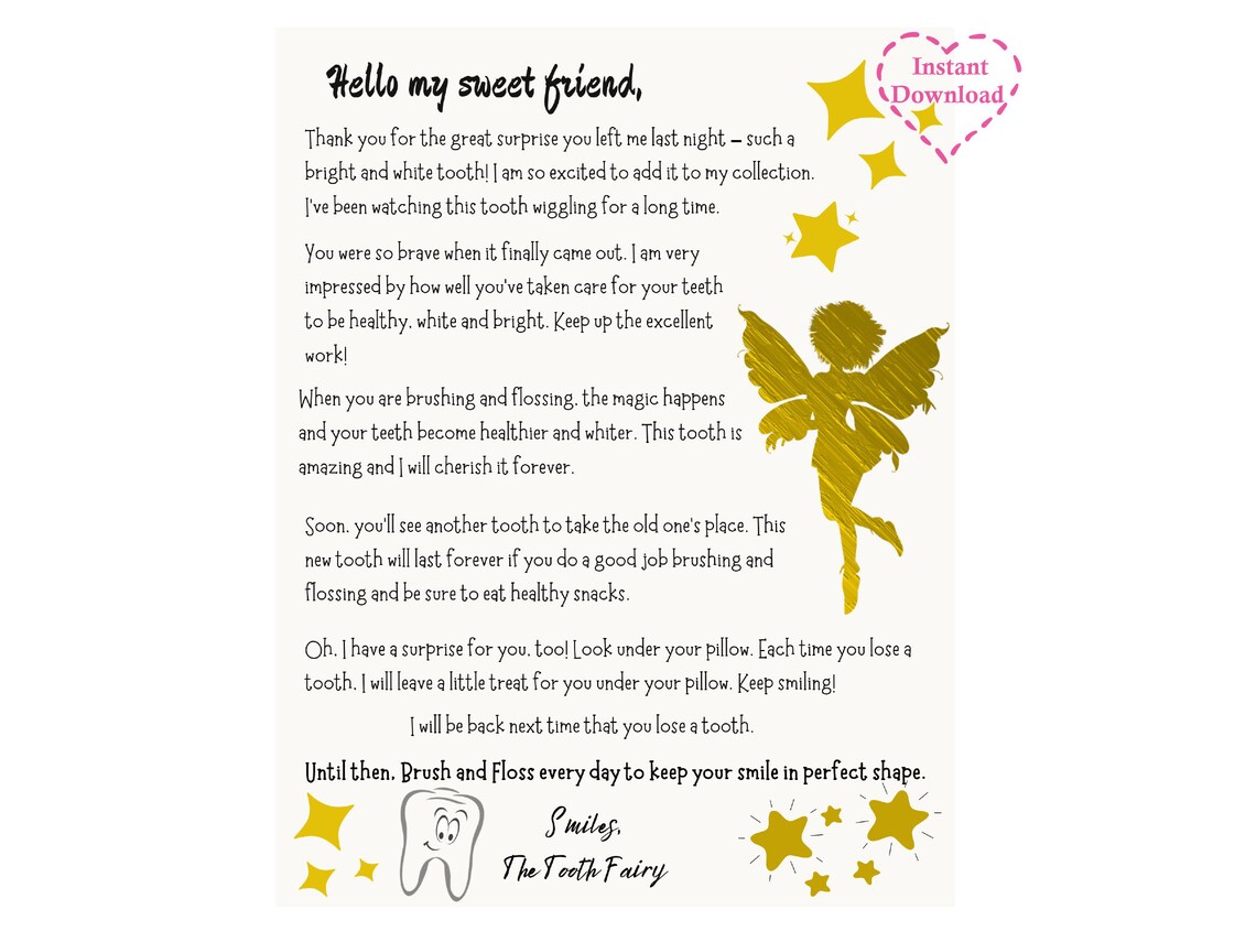Printable Letter From the Tooth Fairy, Note for Lost Tooth, Message ...