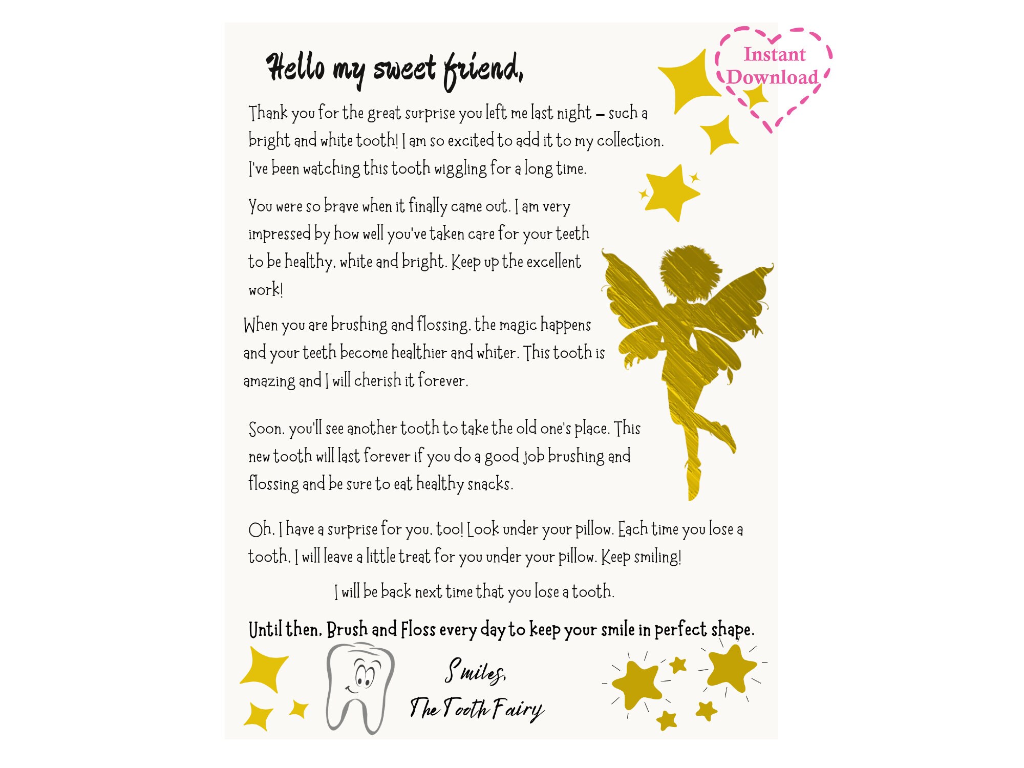 Printable Letter From the Tooth Fairy, Note for Lost Tooth, Message ...