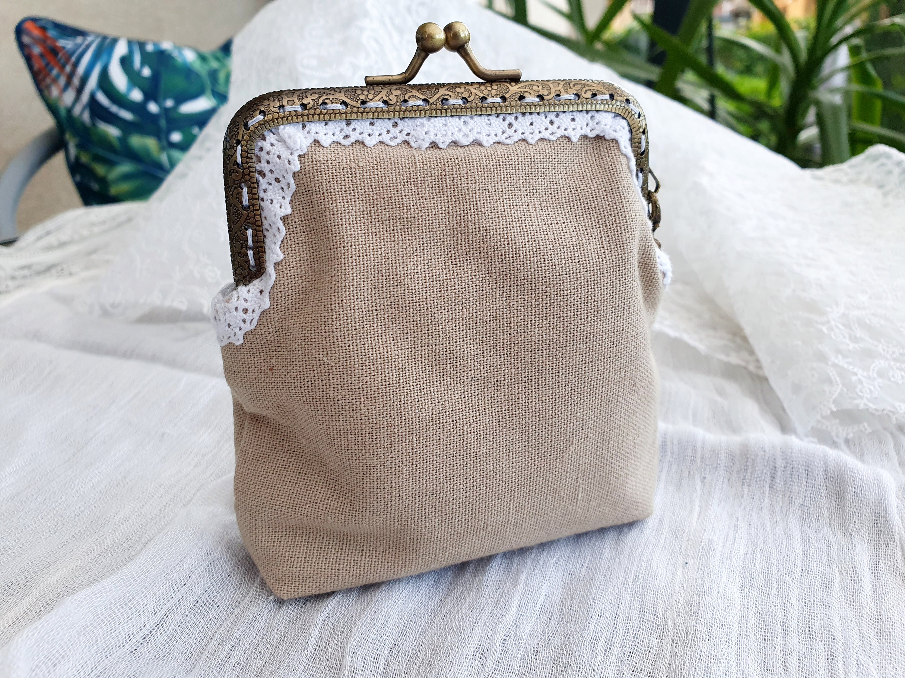 Embroidered Coin Purse, Clasp Frame Purse, Beige Wallet, Embroidered ...