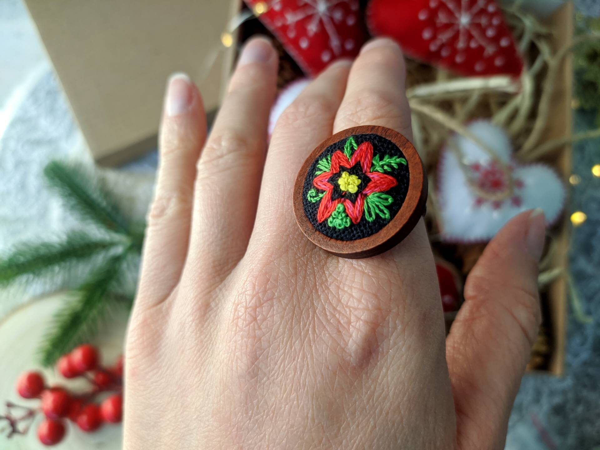Large Wooden Rings, Poinsettia Ring, Wood Ring, Sunflower Ring, Clover ...