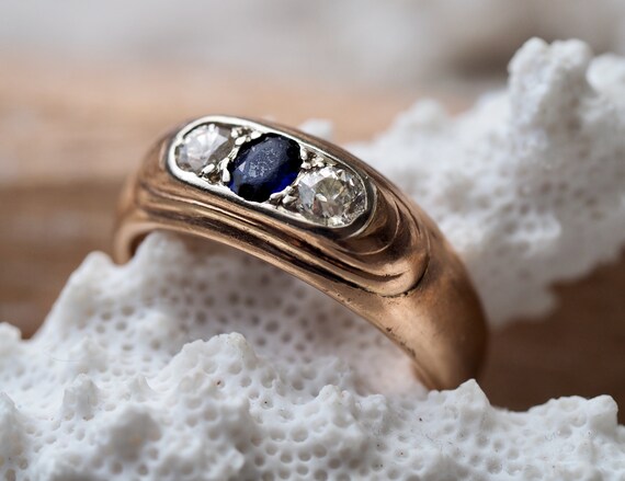 Antique Trilogy Sapphire and Diamond Ring, 14k Rose G… - Gem