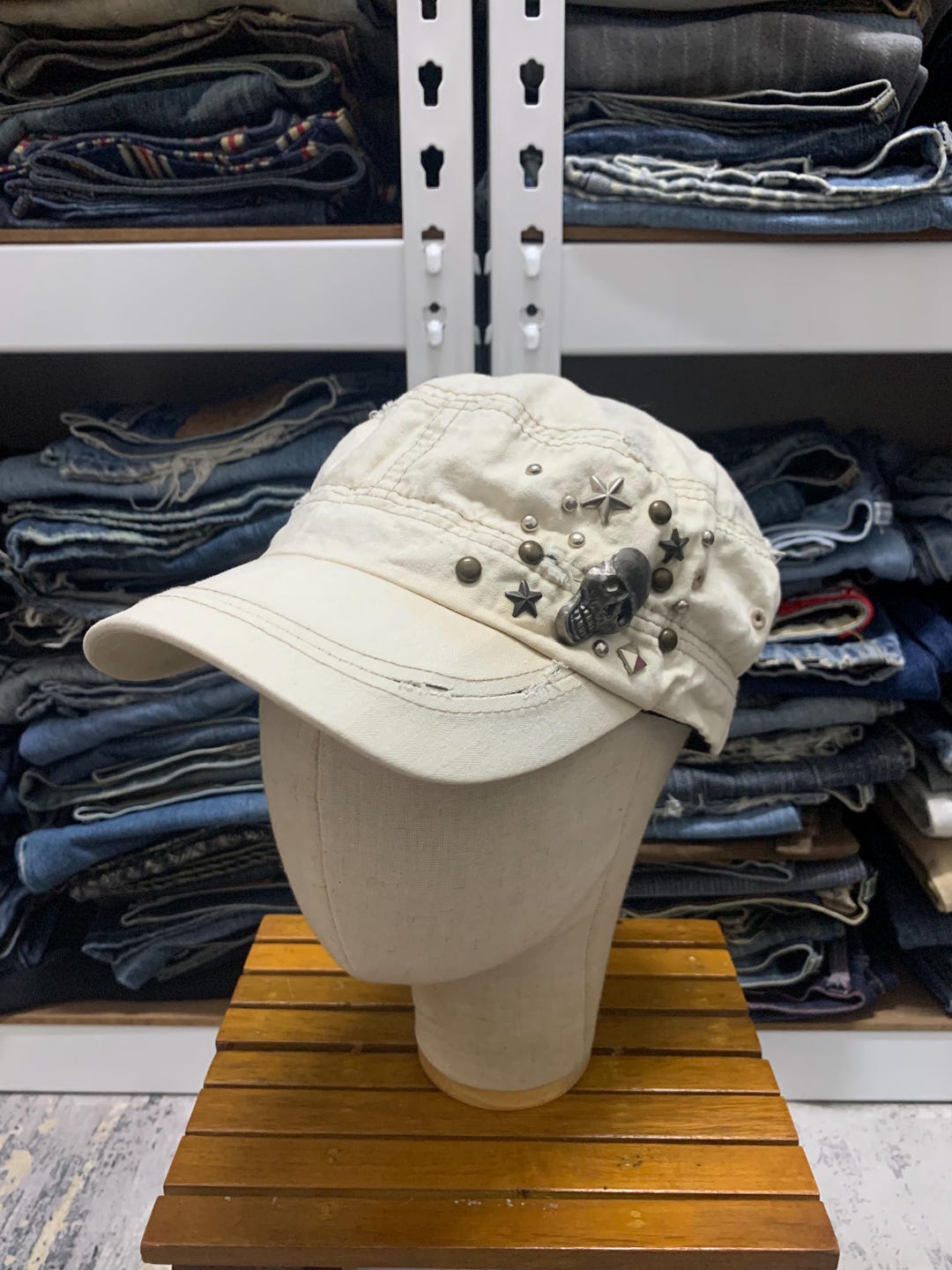 Japanese Brand Denim Distressed Gothic Cadet Hat, White Army Style Hats ...