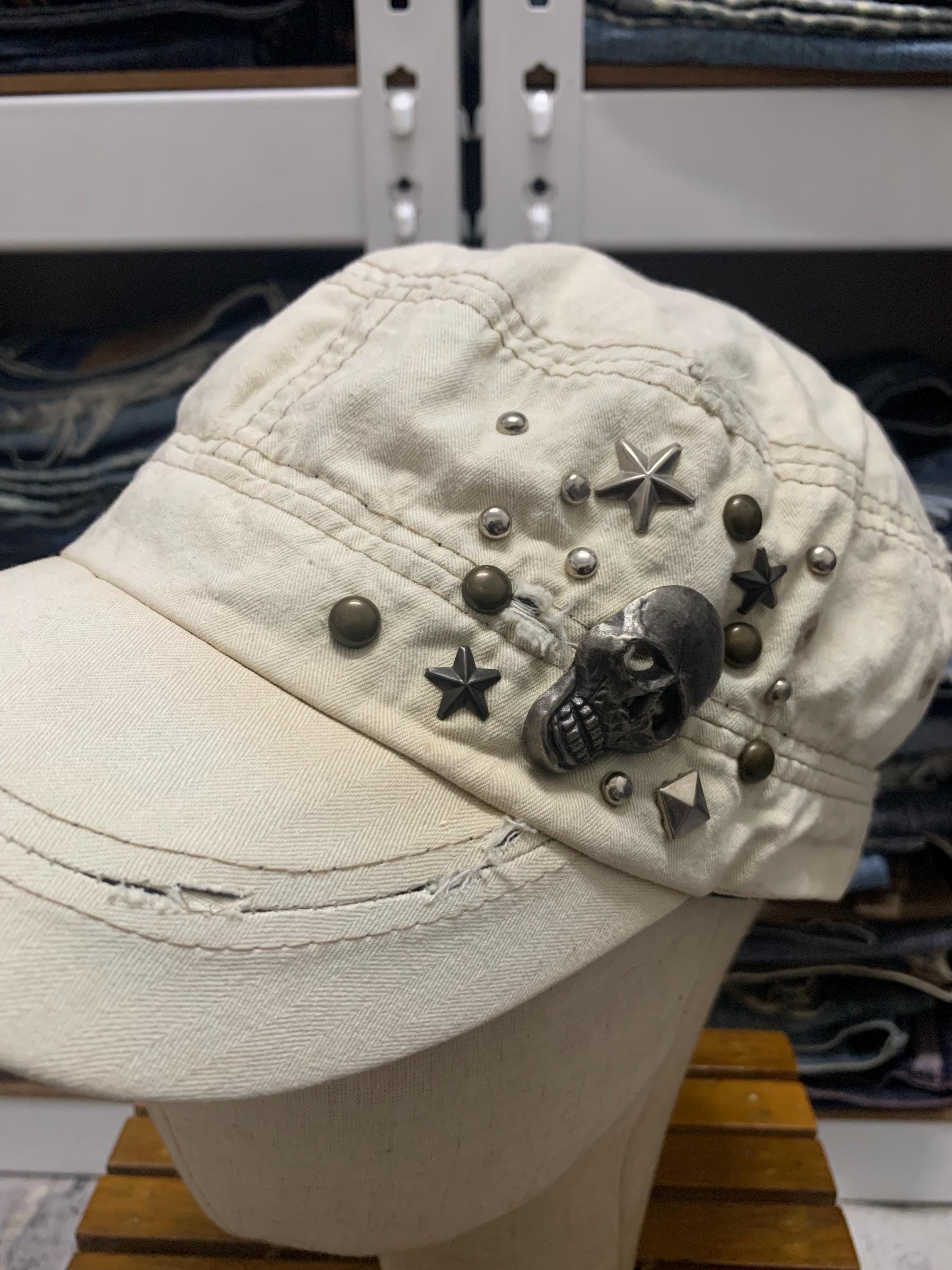 Distressed Studded Cadet Hat: White Gothic Skull Flat Cap - Etsy