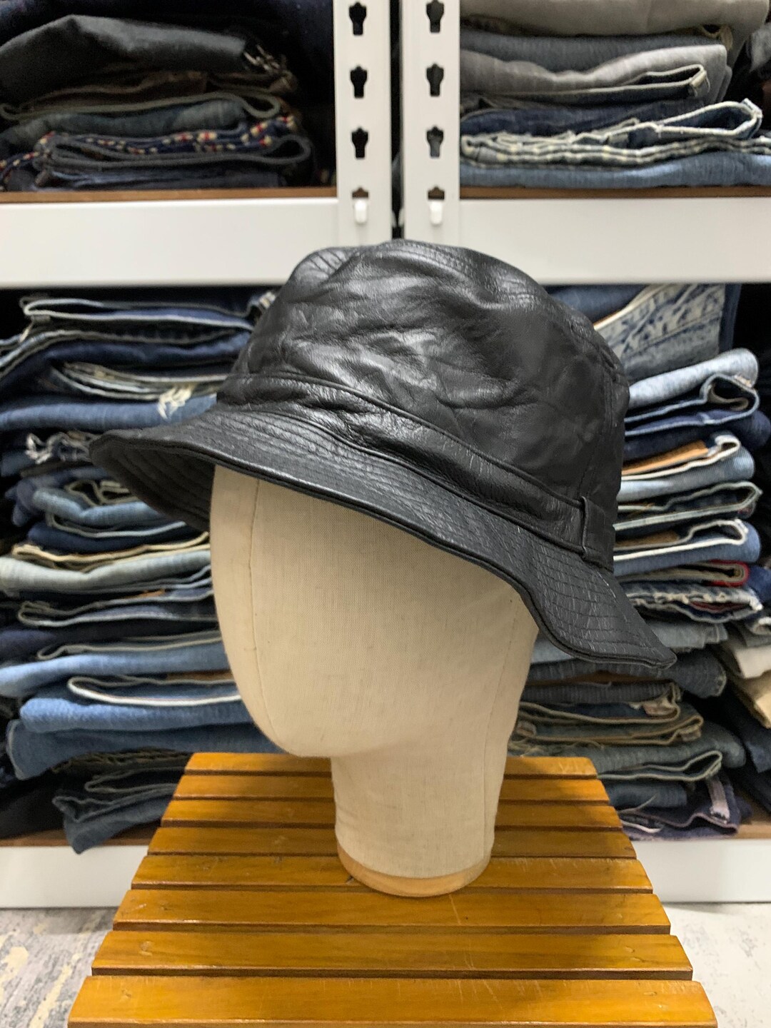Japanese Brand Cow Leather Black Bucket Hats / Leather Bucket Hats ...