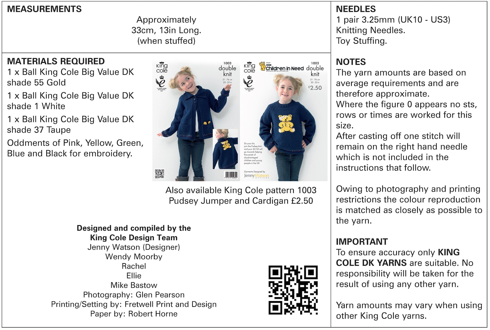 Pudsey and Girl Bear King Cole DK Knitting Pattern 1004 - Etsy UK